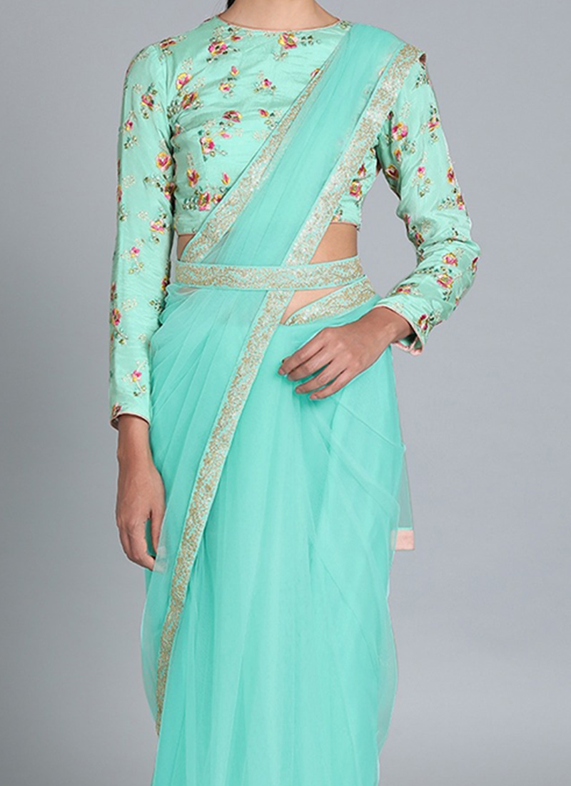 Shop Blue Closed Neck Embroidered Saree Party Wear in UK - Cbazaar