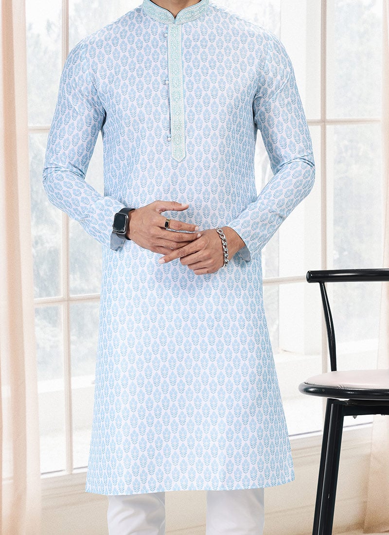 Shop Blue Cotton Digital Printed Kurta Pyjama Festive Wear Online at ...