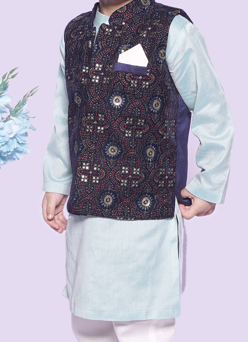 Shop Blue Cotton Silk Kids Stylish Embroidered Bandi Set For Boys ...