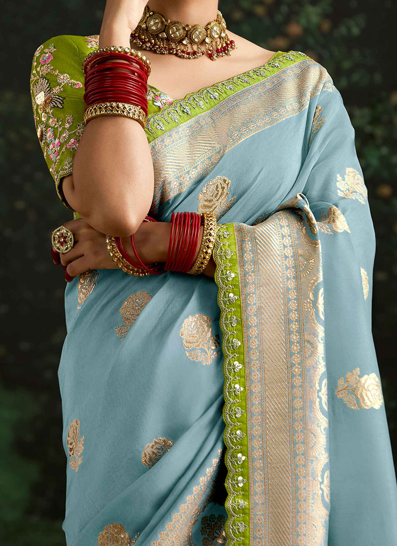 Shop Blue Embroidered And Sequins Thread Work Saree Wedding Wear Online ...