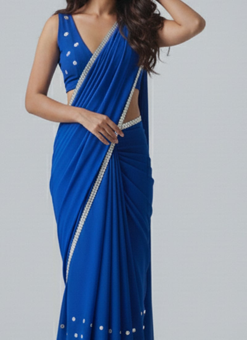 Buy Blue Faux Georgette Lace And Beads Work Saree Festive Wear Online ...