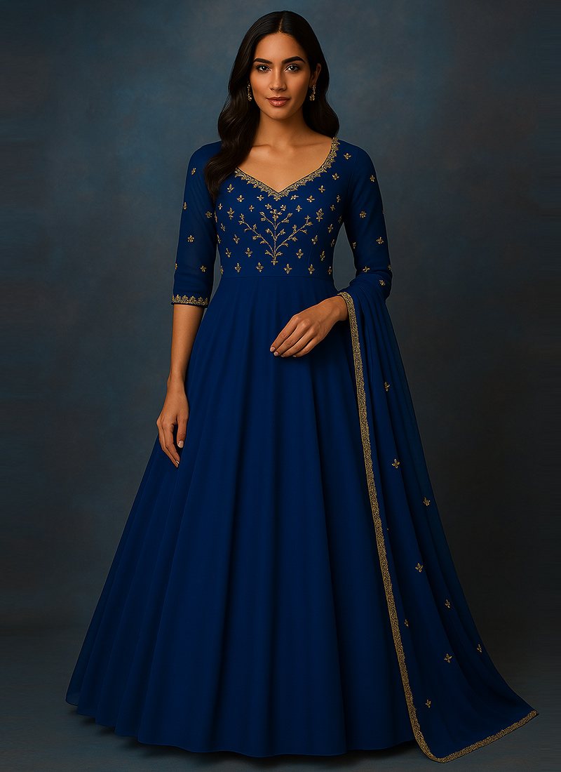 Shop Blue Faux Georgette Zari Sequins Cut Dana Hand Embroidered ...