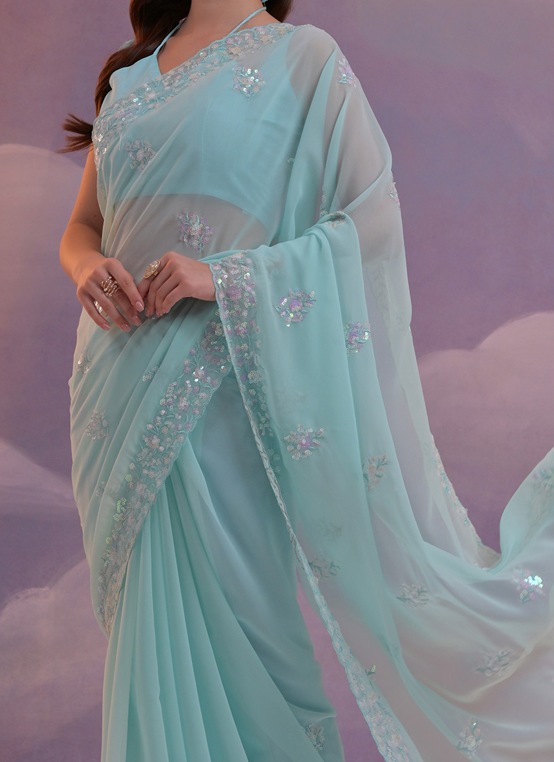 Shop Blue Georgette Embroidered Sequins Chic Saree For Classic Indian ...
