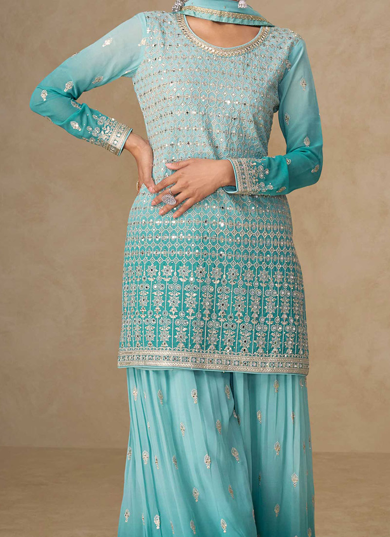 Buy Blue Georgette Embroidered Sequins Mirror Work Pakistani Palazzo ...