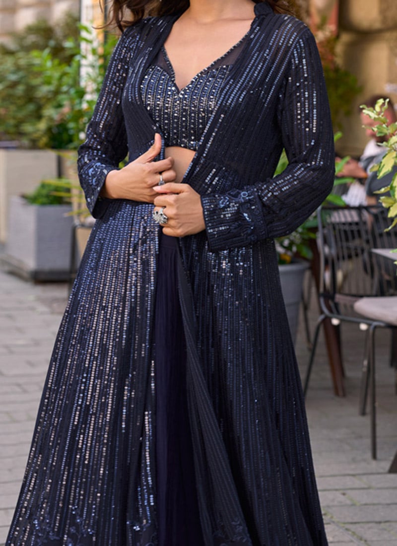 Shop Blue Georgette Embroidered Sequins With Stone Work Indowestern ...