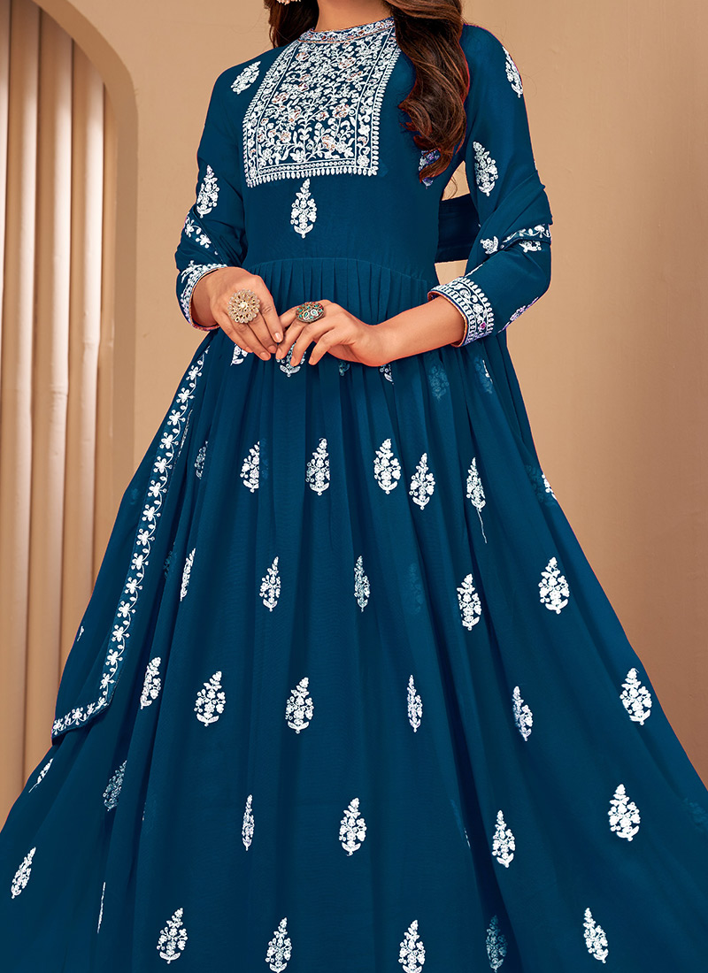 Shop Blue Georgette Embroidery Anarkali Suit Party Wear Online at Best ...