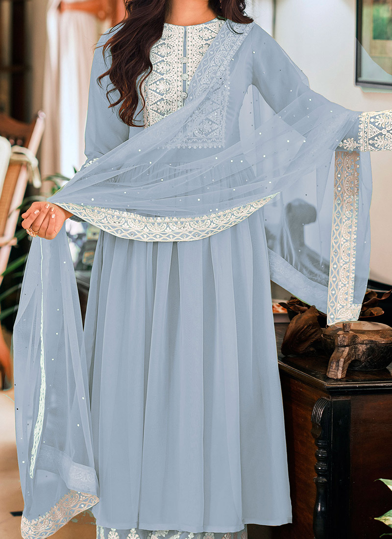Shop Blue Georgette Embroidery Palazzo Suit Party Wear Online at Best ...
