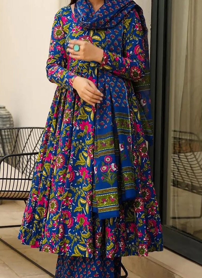 Buy Blue Muslin Digital Print Anarkali Suit Festive Wear Online at Best ...