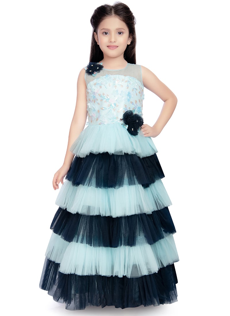Buy Blue Net Sequins Layered Gown Online at Best Price | Cbazaar