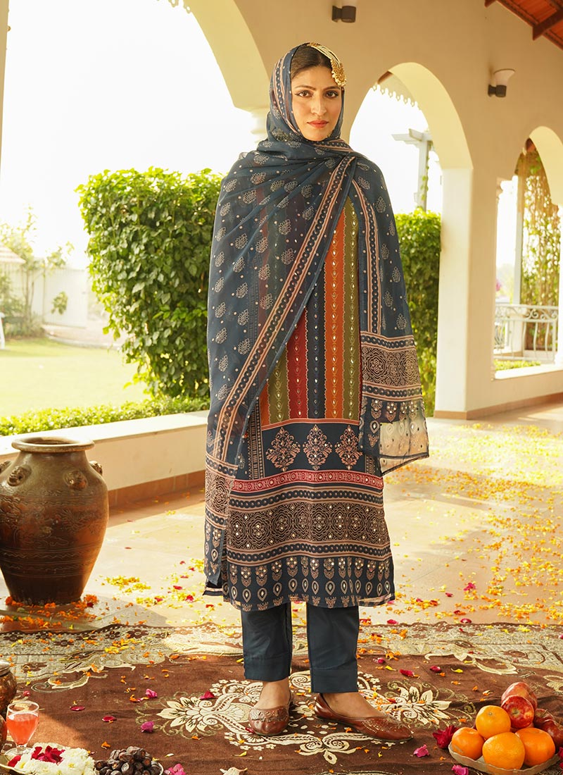 Shop Blue Organza Digital Print With Mirror Work Straight Pant Suit Festive Wear in UK - Cbazaar