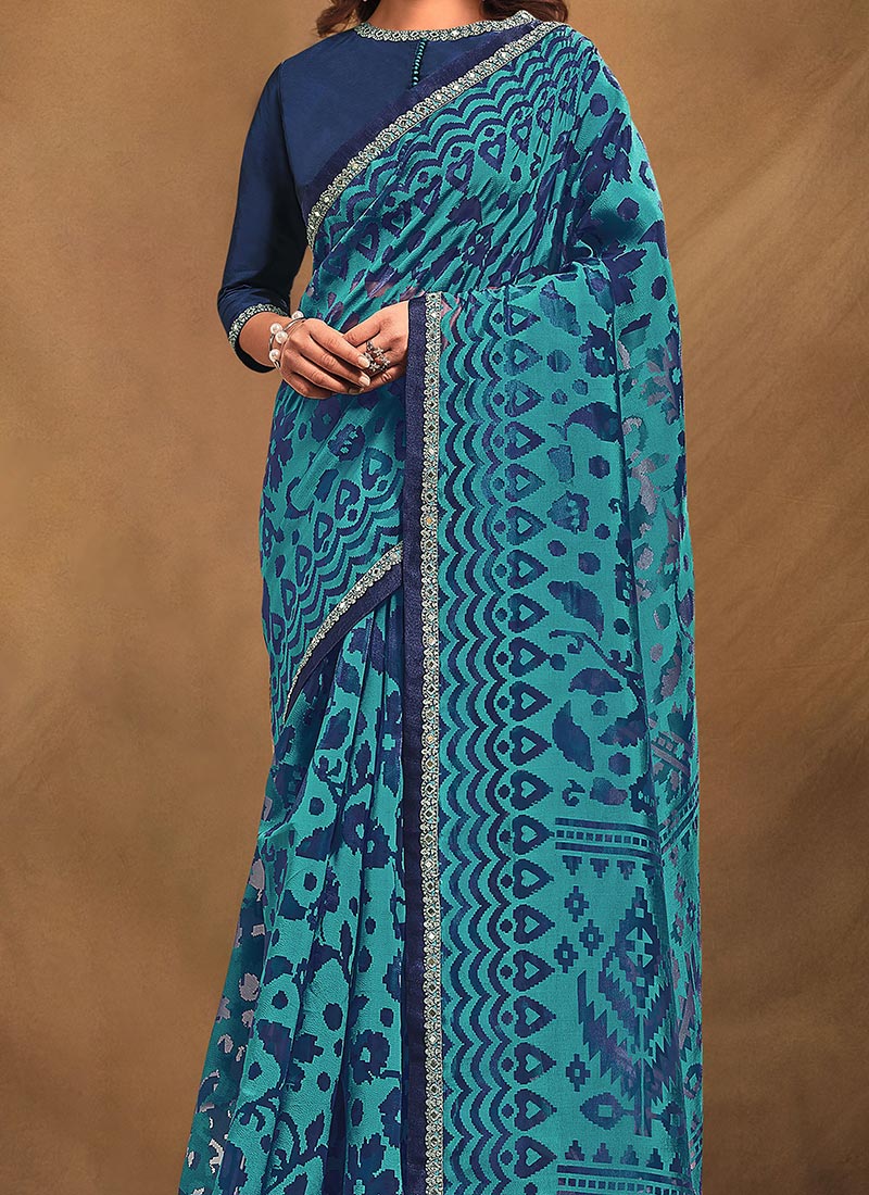 Shop Blue Organza Printed Latest Saree Looks Embossed With Mirror Work ...