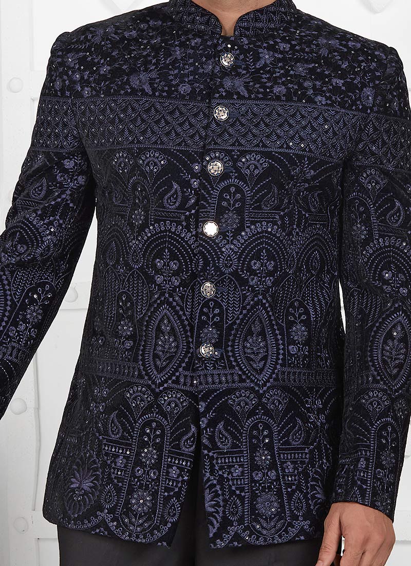 Buy Blue Sequins Thread Work Silk Bandhgala Jacket Online at Best Price ...