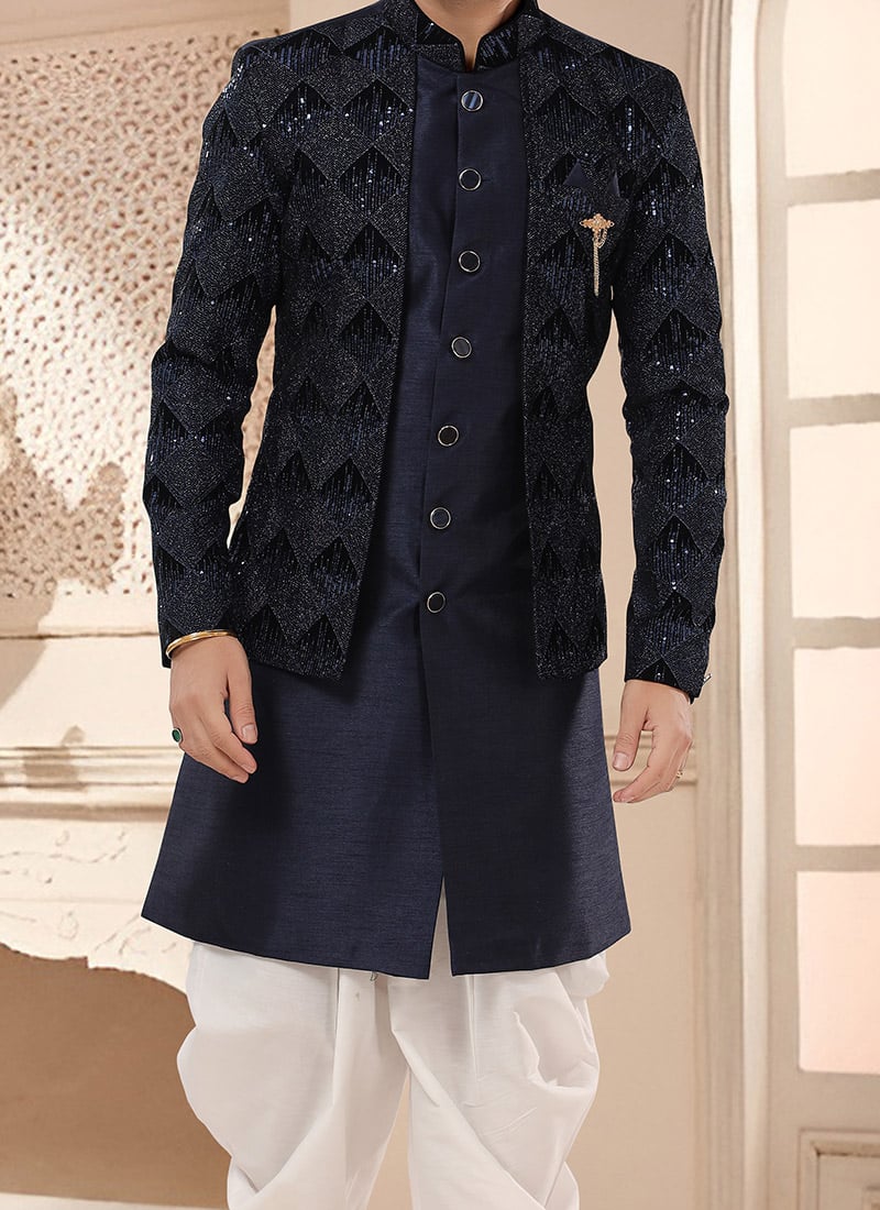 Shop Blue Silk Classic Sherwani Jacquard Zari Embroidered Sequins ...