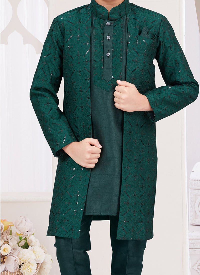Buy Bottle Green Banarasi Silk Thread Sequins Kids Boys Indowestern ...