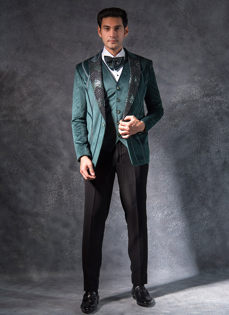 Buy Bottle Green Hand And Stone Work Rayon Three Piece Suit Wedding ...