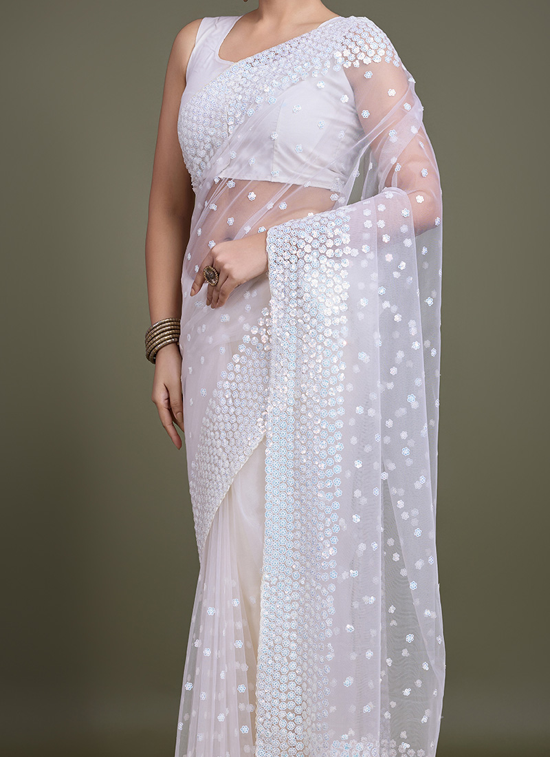 Buy Breathtaking Beauty In Cream Net Embroidered Sequins Saree Festive ...