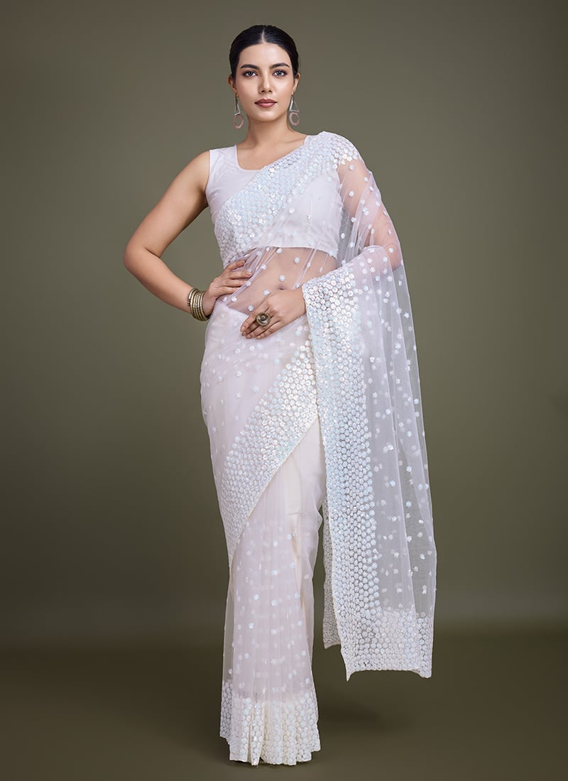 Buy Breathtaking Beauty In Cream Net Embroidered Sequins Saree Festive ...