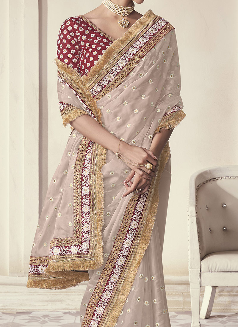 Buy Breathtaking Sequined Zari Thread Work Organza Saree Party Wear ...
