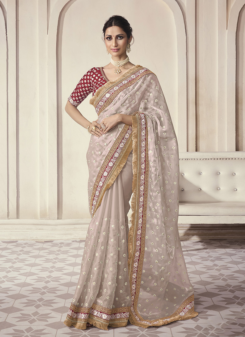 Buy Breathtaking Sequined Zari Thread Work Organza Saree Party Wear ...