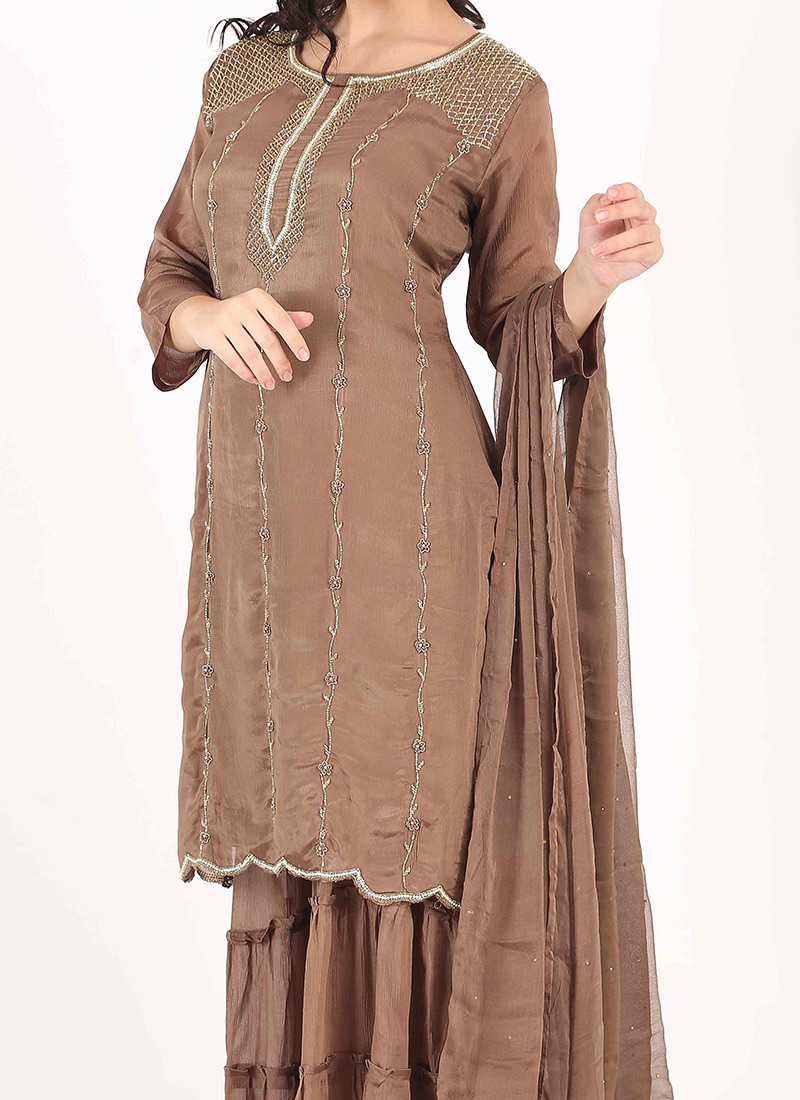 Shop Brown Chiffon Embroidery Sharara Suit Party Wear in UK - Cbazaar