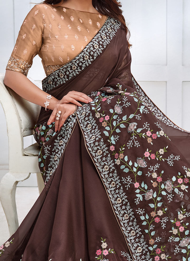 Shop Brown Georgette Silk Sequins And Embroidered Stones Saree Wedding ...