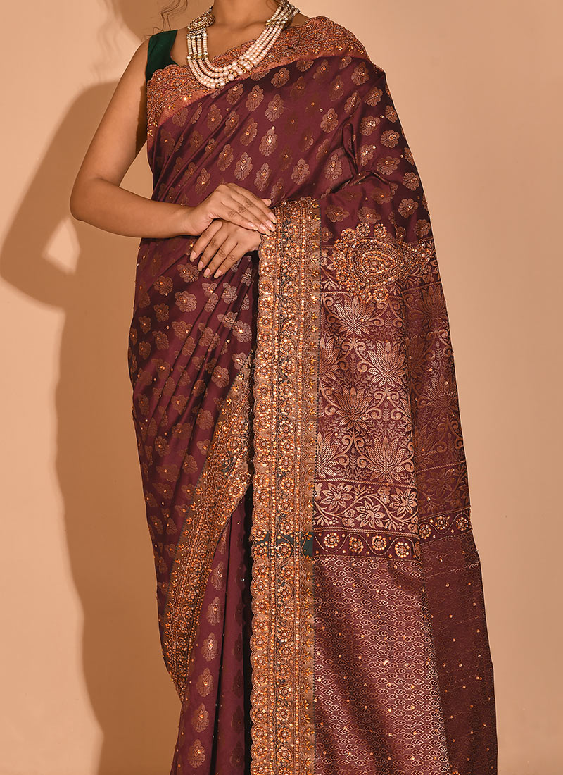 Hand Embroidered Sarees | Zardosi Sarees | Zari Stone work sarees