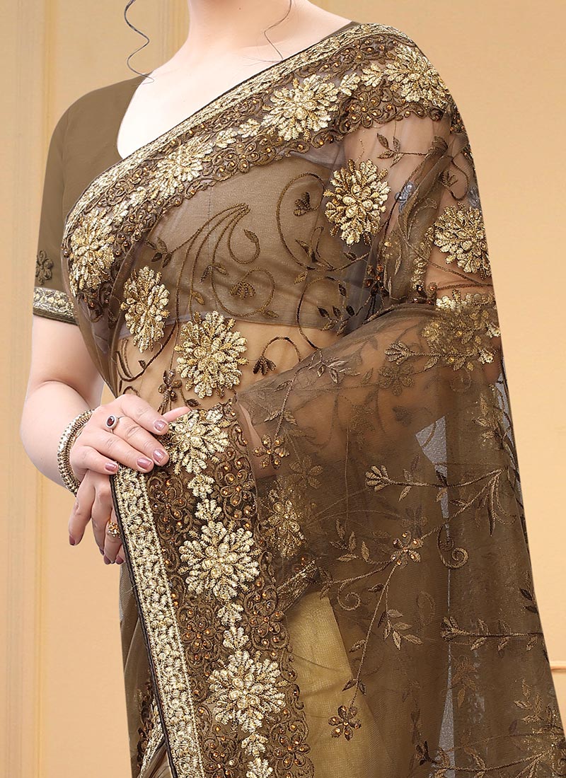 Shop Brown Net Embroidered Saree Festive Wear Online at Best Price ...