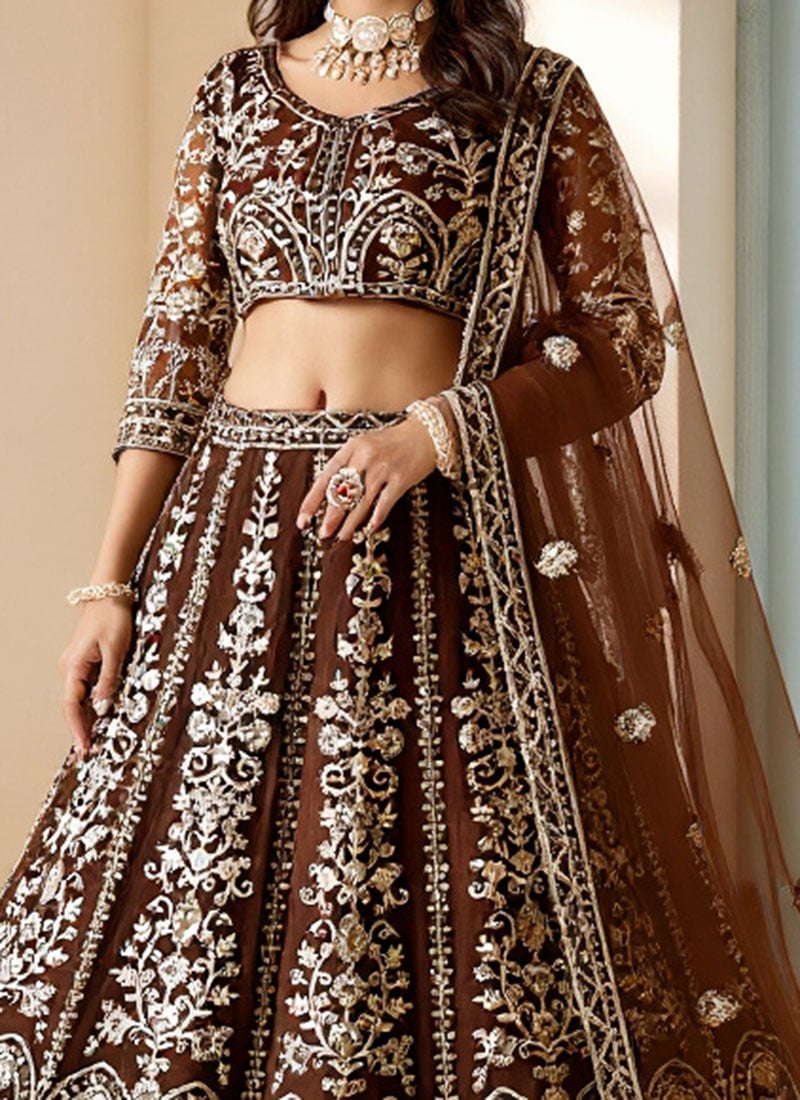 Buy Brown Net Lehenga With Embroidery And Sequins Work Wedding Wear ...