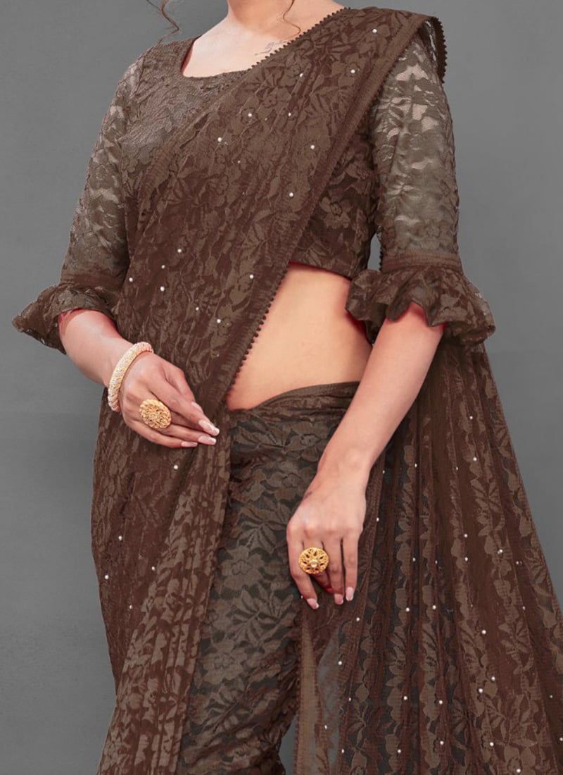 Buy Brown Net Lace Saree Party Wear Online at Best Price | Cbazaar