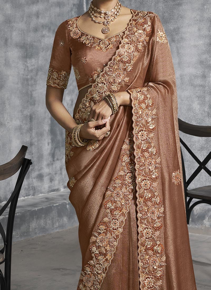 Shop Brown Nylon Satin Silk Resham Sequins Embroidered Stones Beads ...