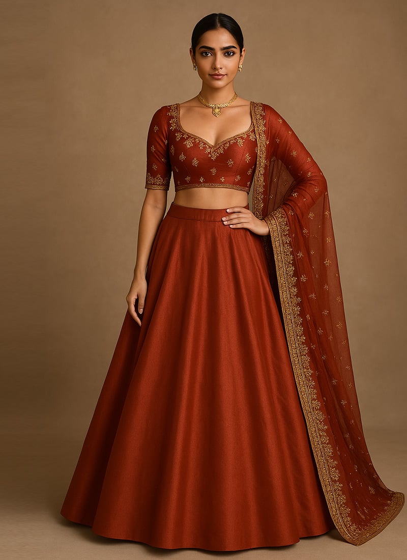 Buy Rust Silk Lehenga With Zari Sequins Hand Embroidered Choli And ...