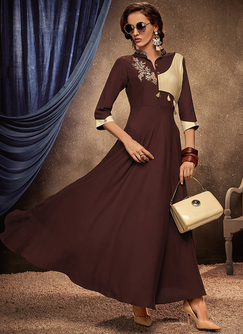Shop Brown Rayon Embroidered Gown Party Wear Online at Best Price | Cbazaar