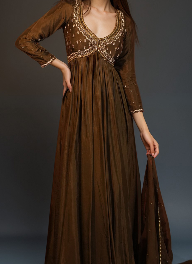Buy Brown Roman Silk Hand Work Breathtaking Anarkali Suit Festive Wear ...