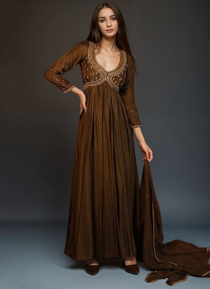 Buy Brown Roman Silk Hand Work Breathtaking Anarkali Suit Festive Wear ...