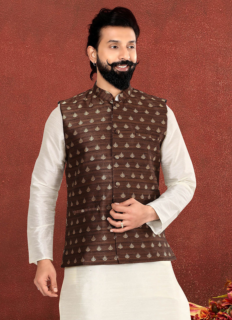 Shop Brown Silk Jacquard Nehru jacket in India - Cbazaar
