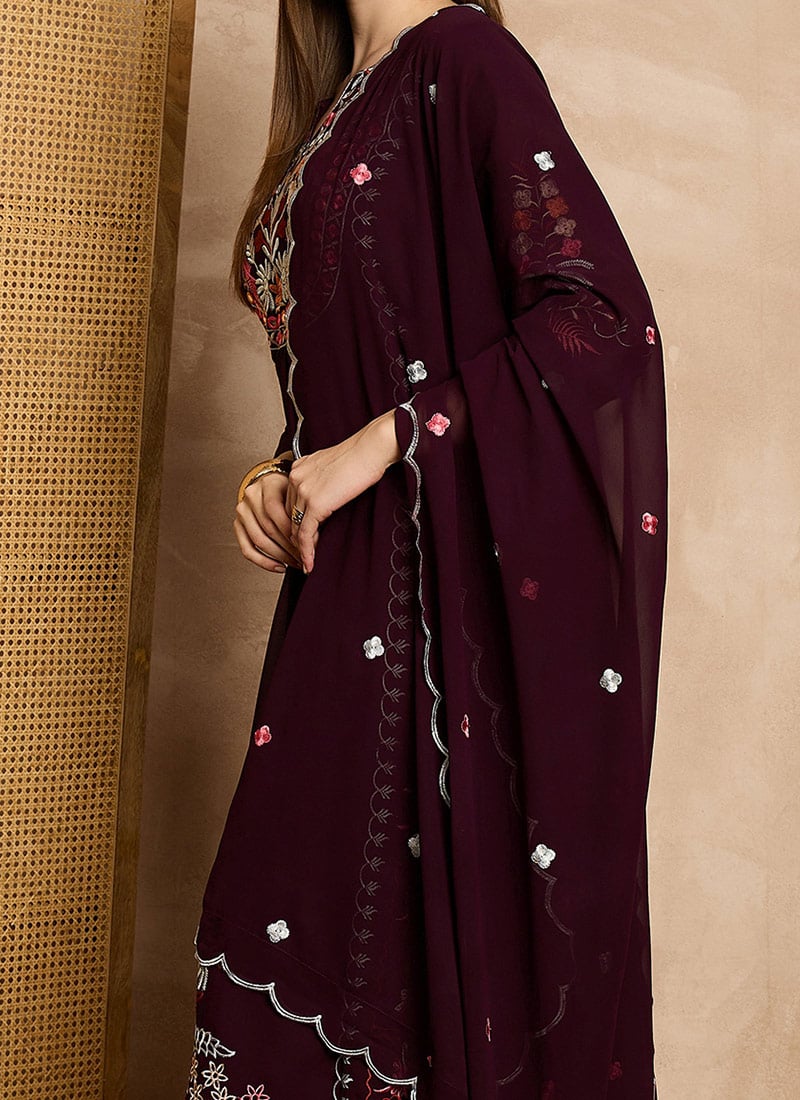Buy Burgundy Georgette Embroidered Straight Pant Suit Festive Wear ...