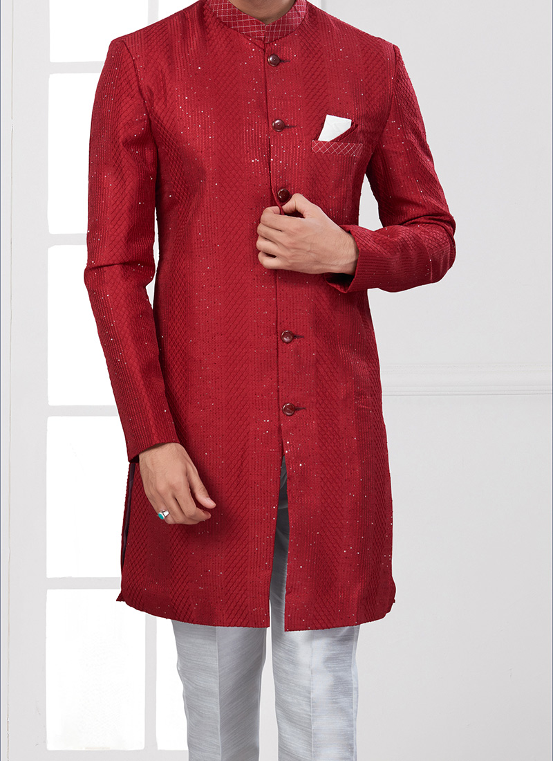 Shop Celebrate In Grace Maroon Silk Embroidered Sequins Indowestern ...