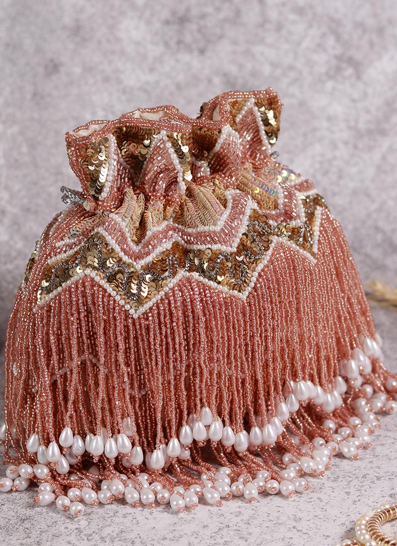 Shop Champagne Velvet Cut Dana Potli Embossed With Beads And Moti Party ...