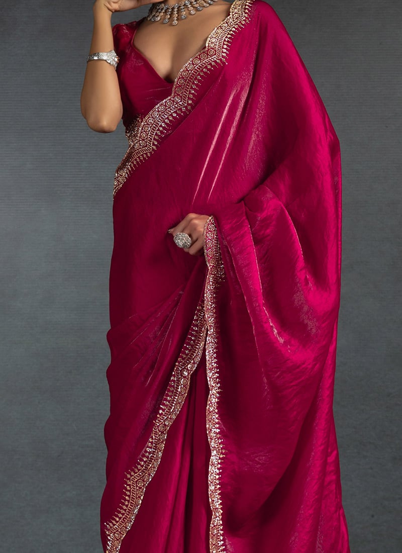 Buy Cherry Pink Satin Silk Stones Work Saree Festive Wear Online at ...