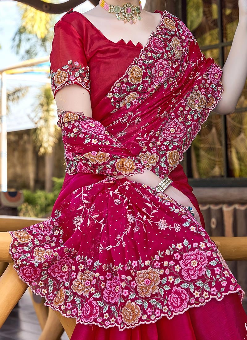 Buy Cherry Red Organza Floral Embroidered Sequins Stone Embossed Saree Festive Wear Online at ...