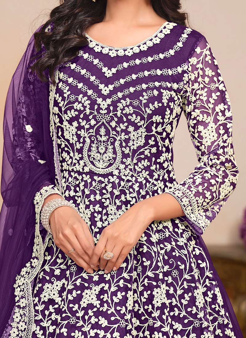 Shop Chic Purple Net A Line Anarkali Suit With Intricate Embroidered ...