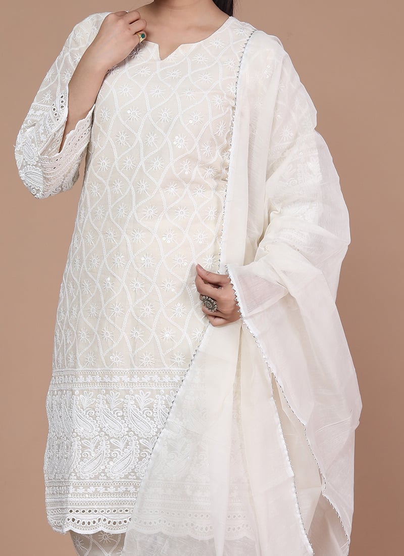 Buy Chikankari Embroidered Cotton Cream With Bell Sleeve Straight Pant Suit After Six Wear ...