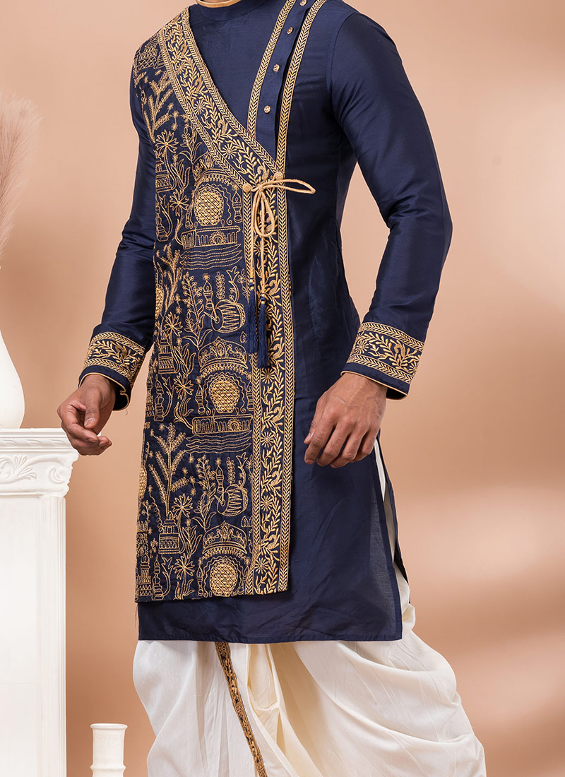 Shop Classic Navy Blue Viscose Kurta With Embroidered And Dhoti Style ...