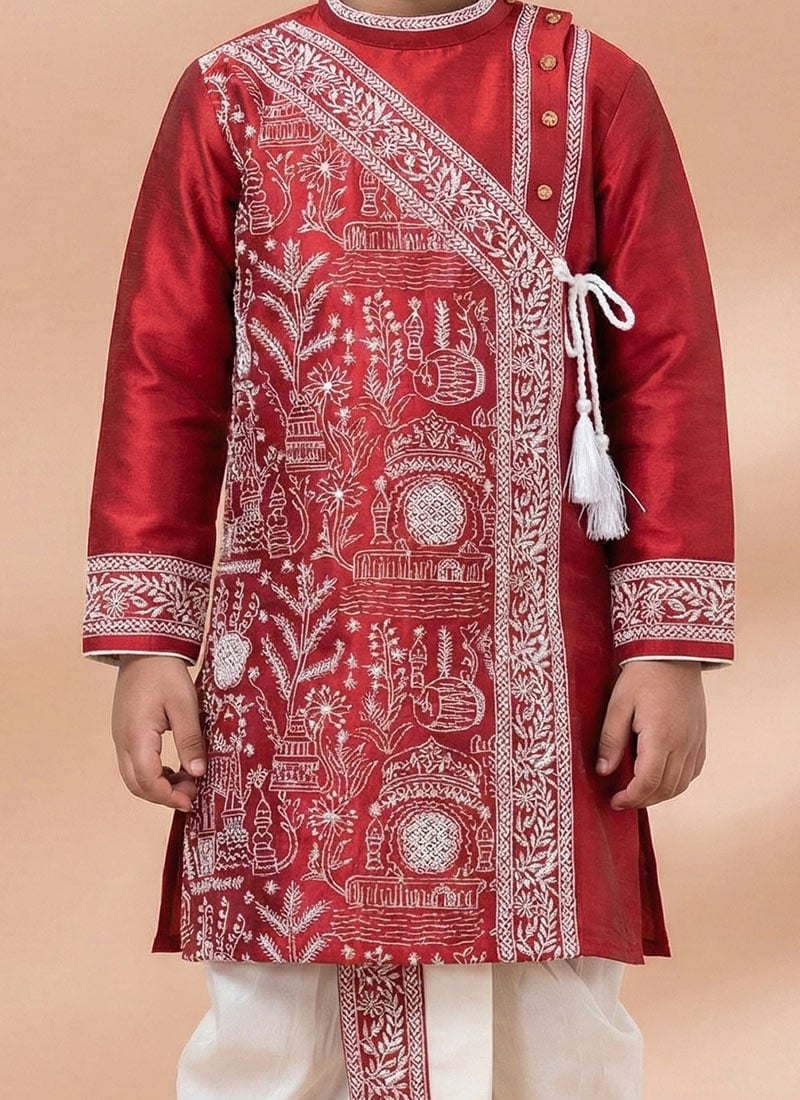 Shop Classic Red Viscose Embroidered Kids Boys Kurta Pyjama Festive ...