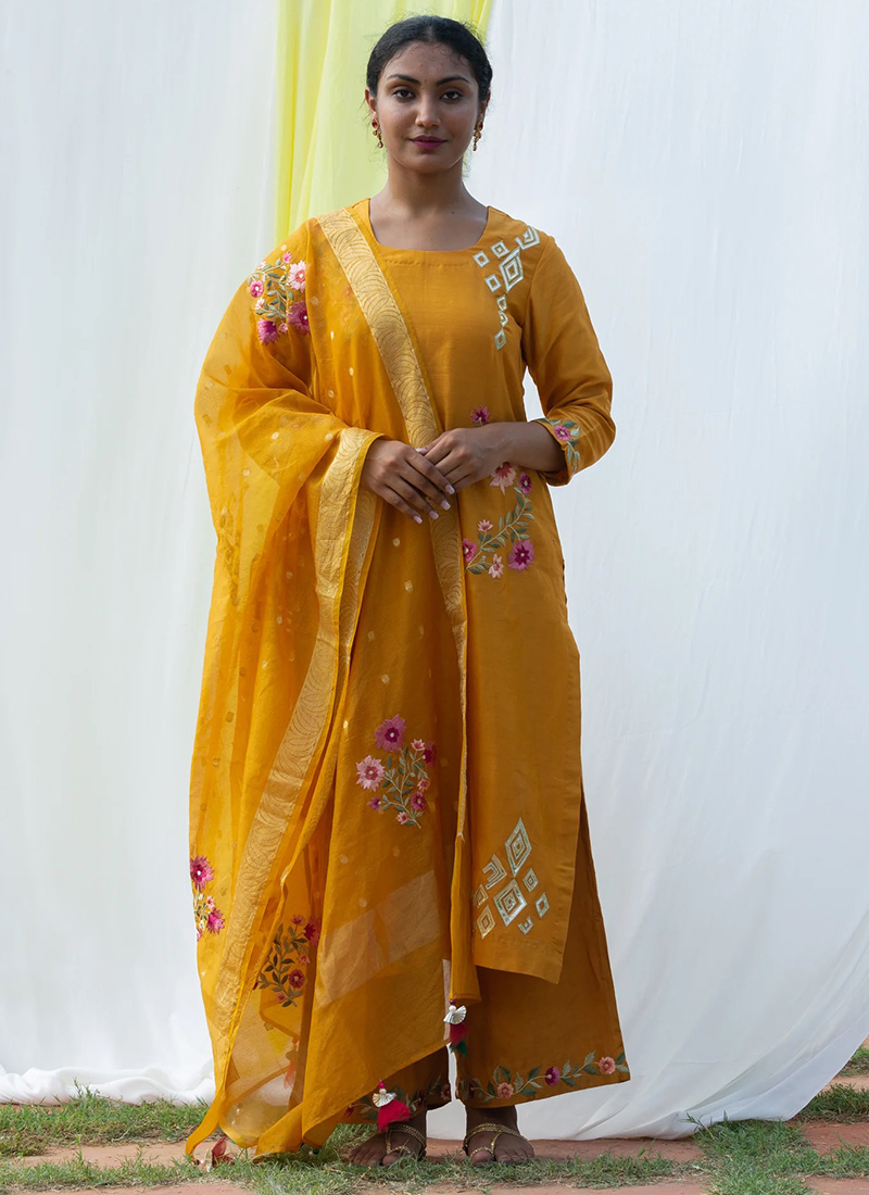 Shop Classy Diwali Yellow Pure Chanderi Silk Embroidered Palazzo Suit ...