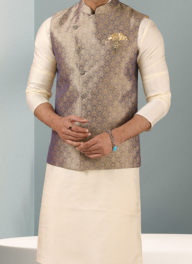 Shop Cream Art Banarasi Silk Jacquard Bandi Set Party Wear Online at ...