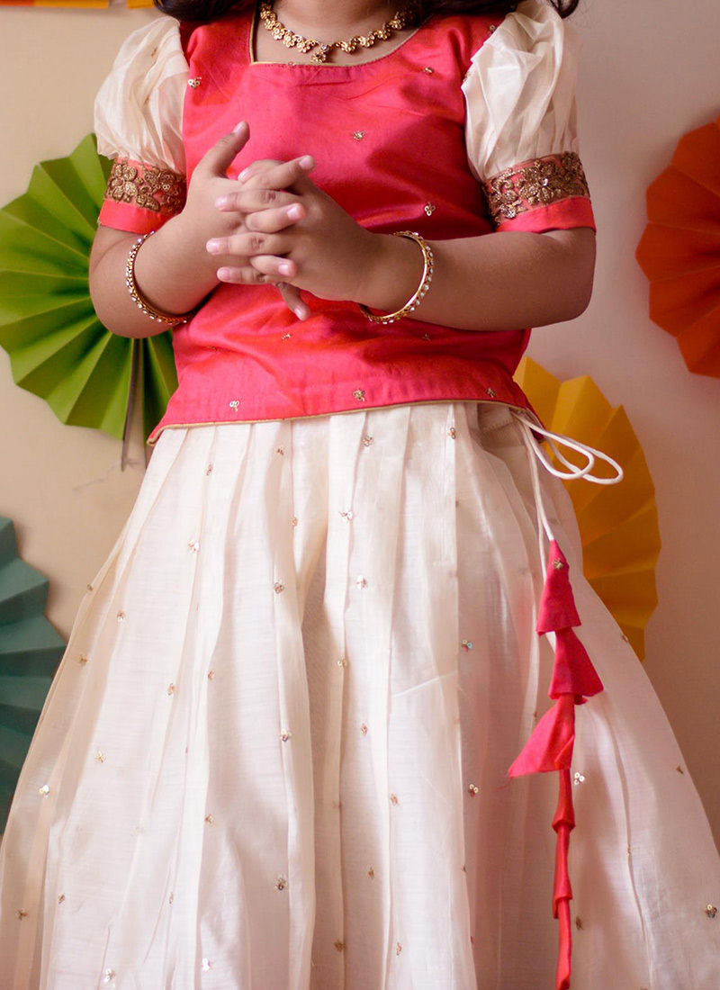 Buy Cream Art Silk Sequins Kids Girls With Round Neck And Half Sleeve ...