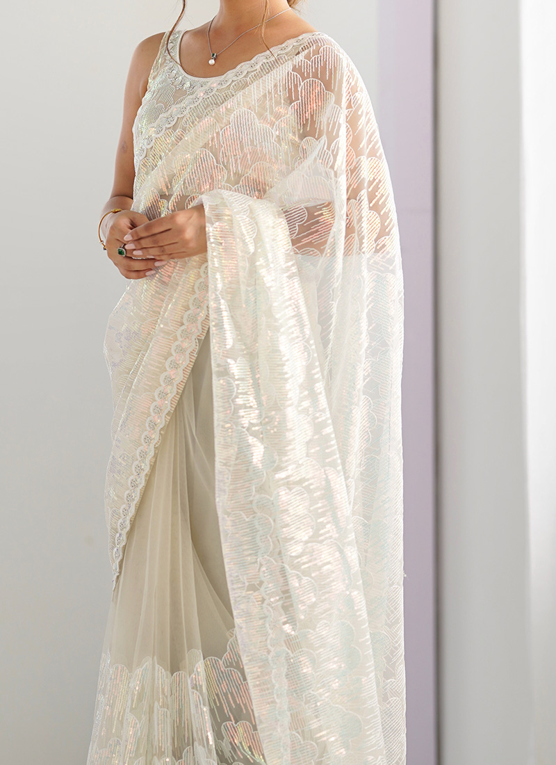 Shop Cream Net Embroidered Sequins Stunning Saree Festive Wear Online ...