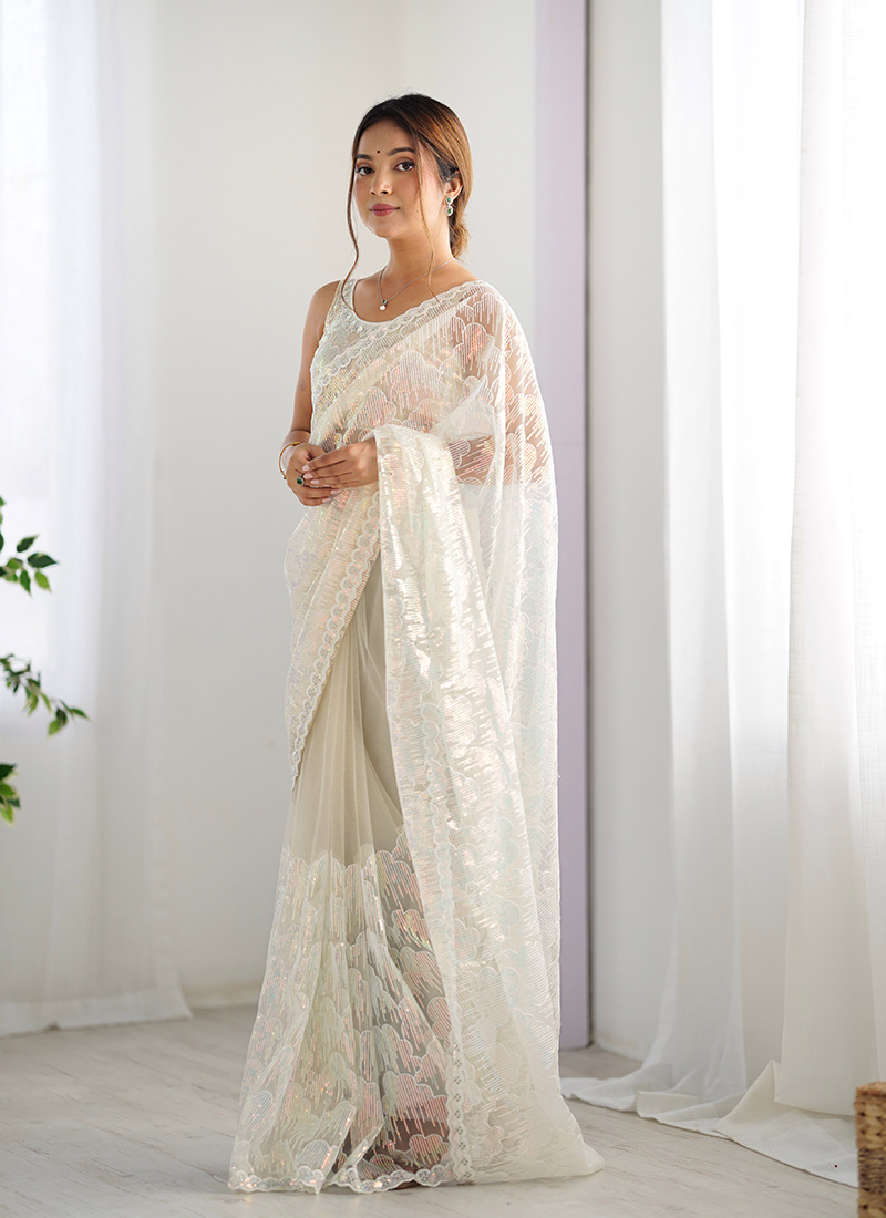 Shop Cream Net Embroidered Sequins Stunning Saree Festive Wear Online ...