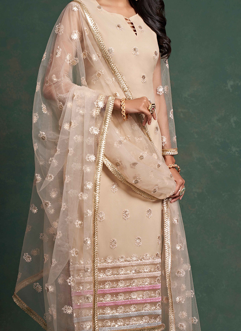 Buy Cream Net Embroidered Work Straight Pant Suit Festive Wear Online ...